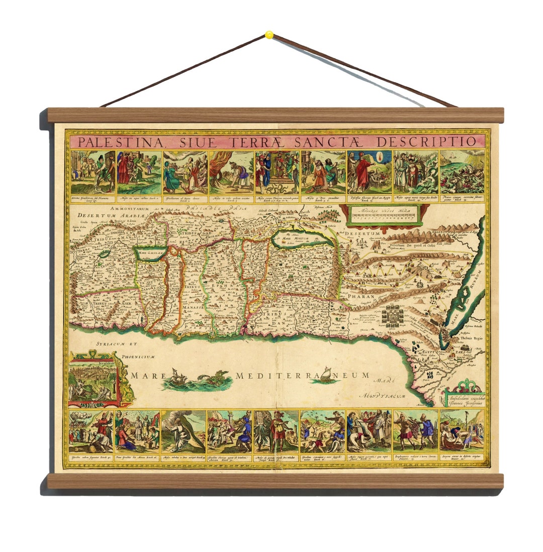 1630 Decorative Map Holy Land Moses From Exodus View of Jerusalem Real ...