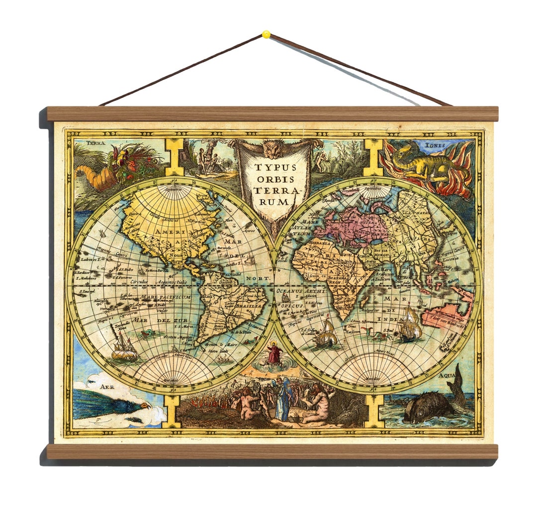 Antique Early Vintage 1632 Decorative Double Hemisphere World Map ...