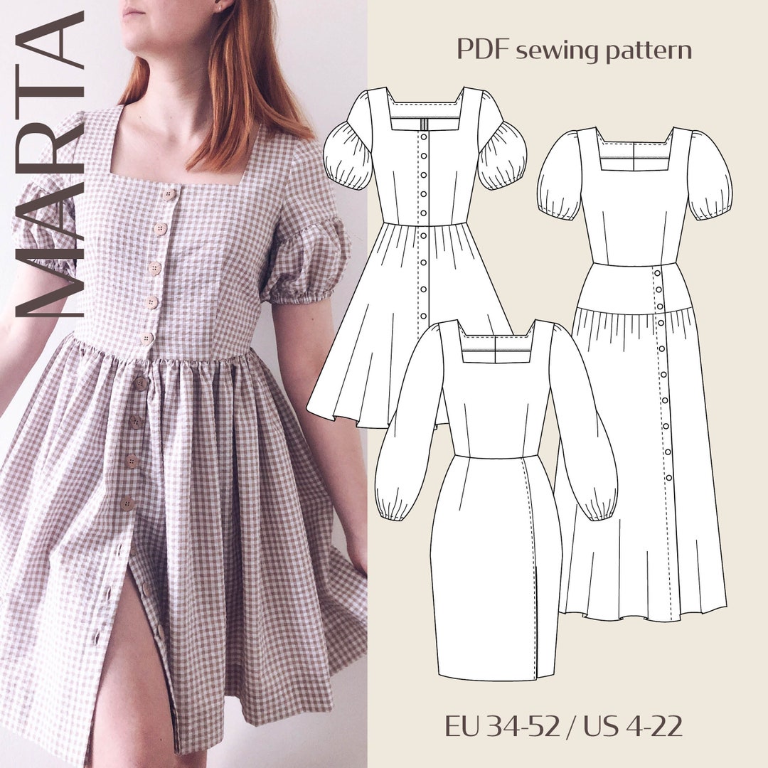 Marta Square Neckline Dress With Sleeve Digital PDF Sewing Pattern ...