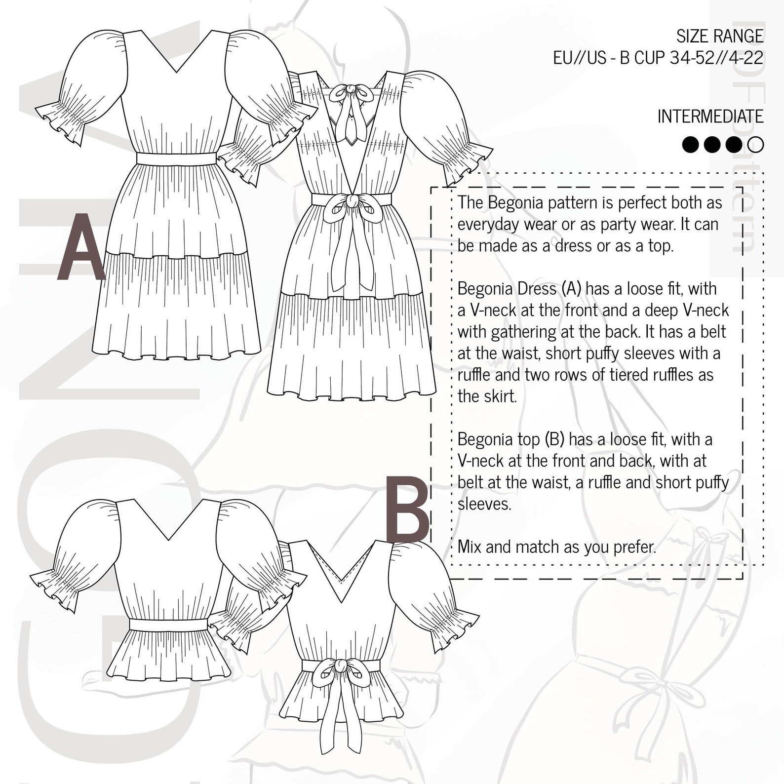 Begonia Open Back Puff Dress and Top Digital PDF Sewing Pattern // EU ...