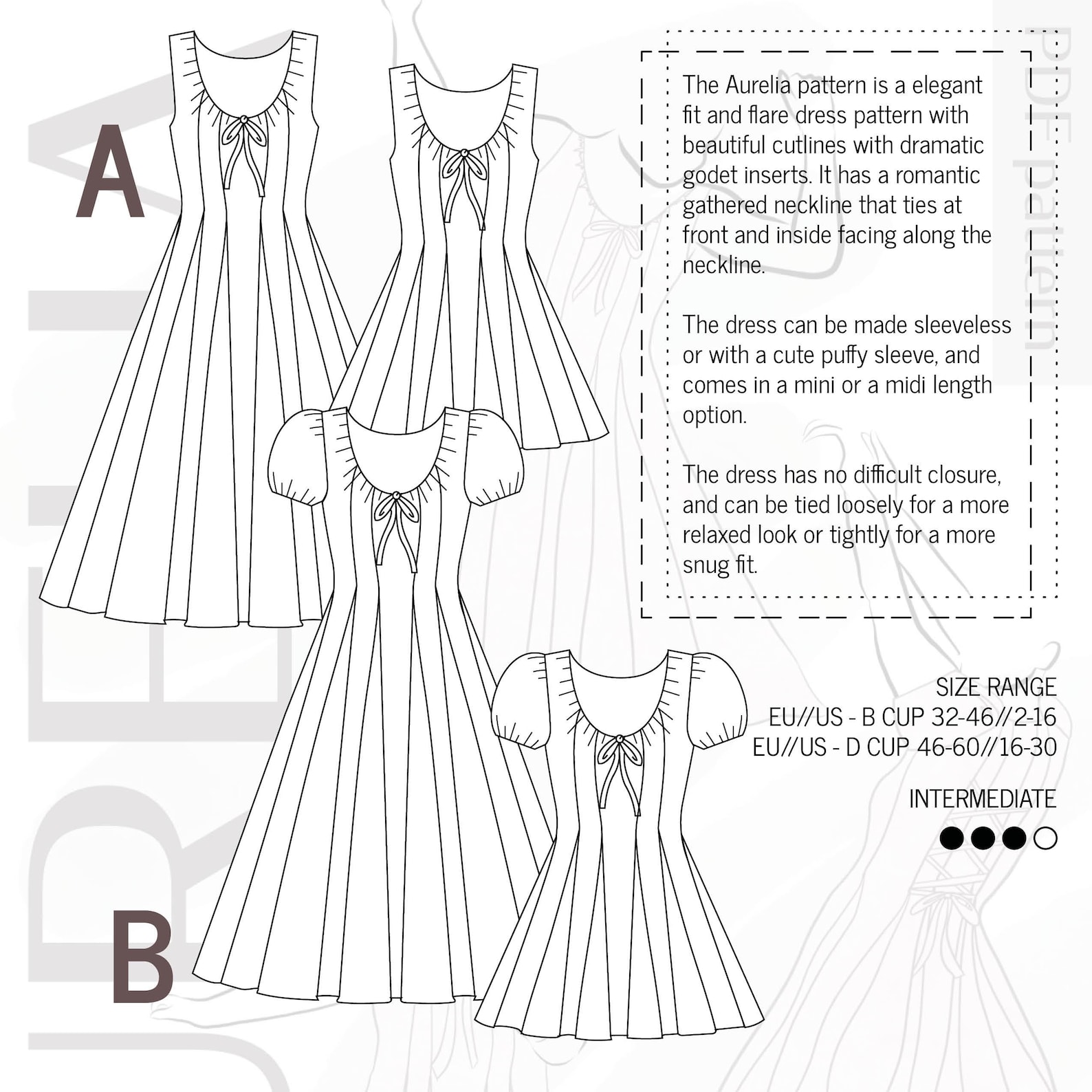 Aurelia Fit and Flare Romantic Dress Digital PDF Sewing Pattern // EU ...