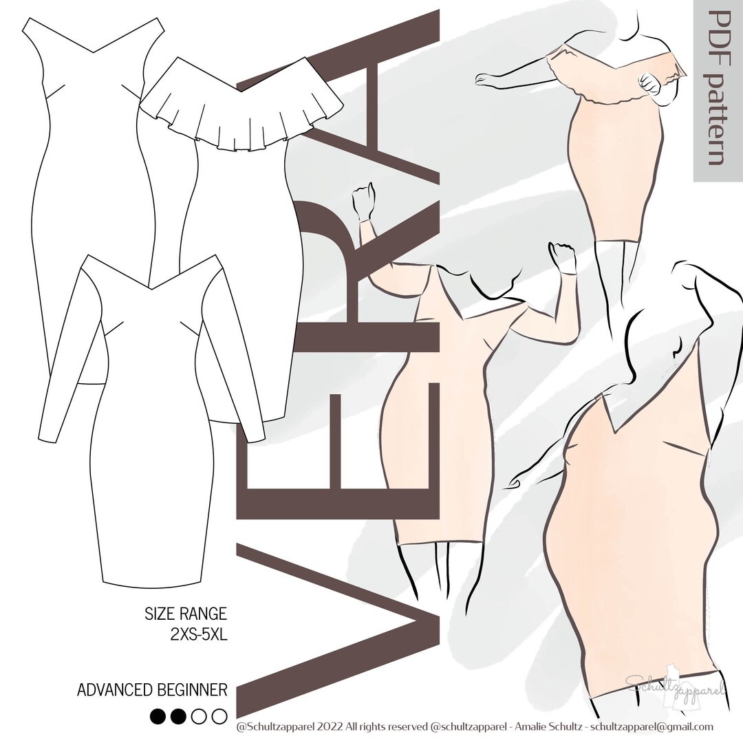 Vera Bodycon Wide V Neckline Dress Digital PDF Sewing Pattern - Etsy