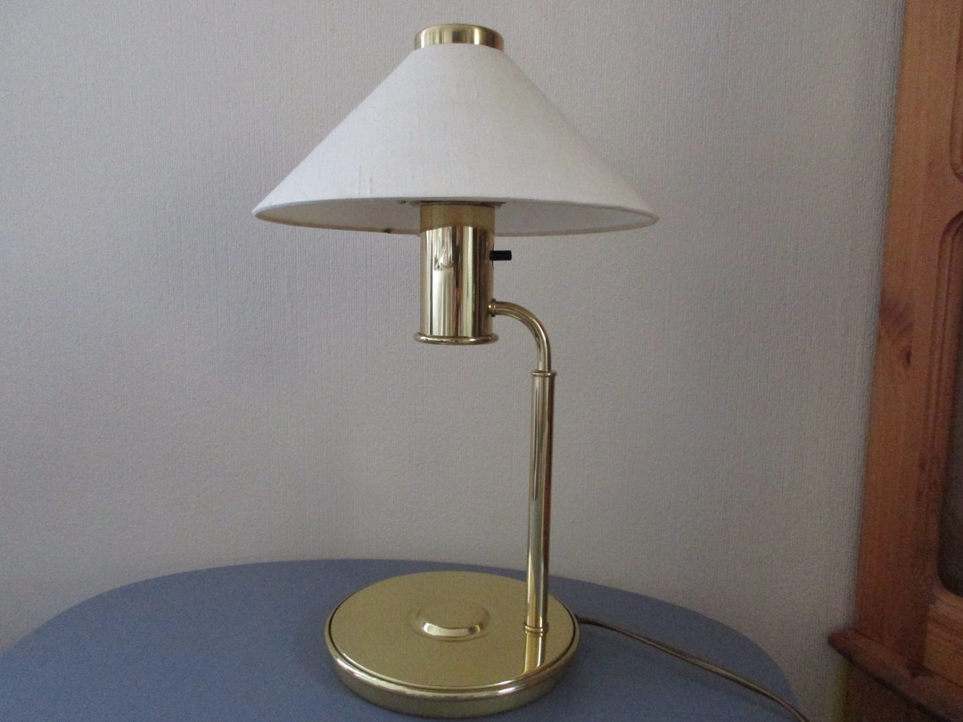 Vtg HØVIK VERK LYS Brass Gold Table Lamp Silk Lamp Shade Norway Jonas ...