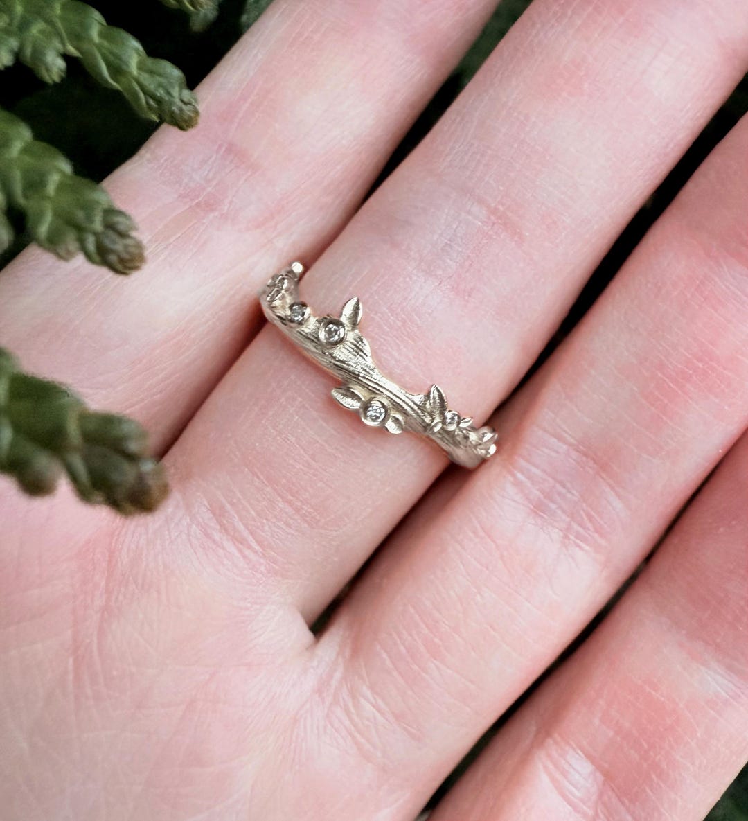 Solid Gold Wedding Band, Twig Wedding Ring, Tree Leafy Ring, Garden ...