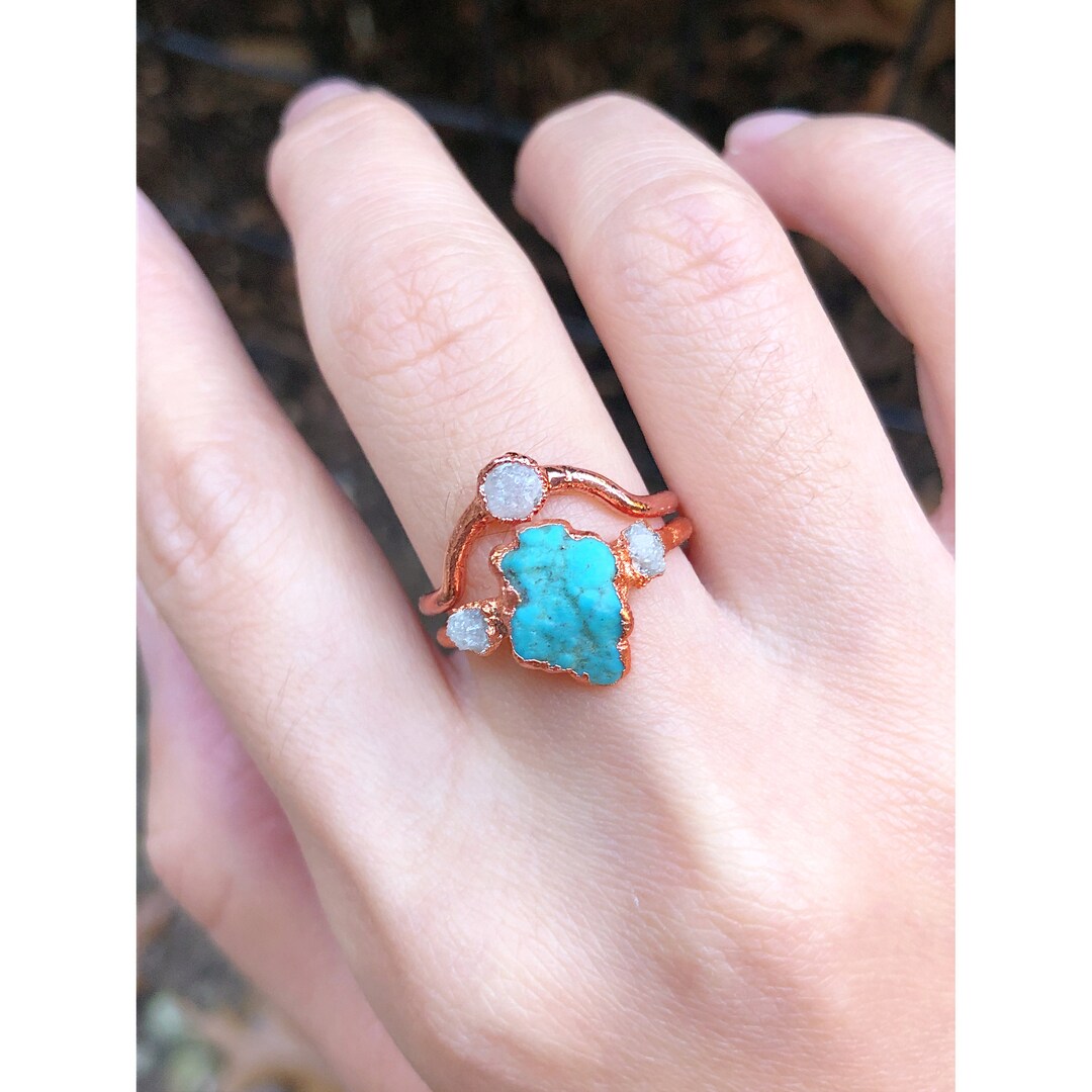 Raw Diamond Engagement Ring, Raw Turquoise Ring, Organic White Diamond ...