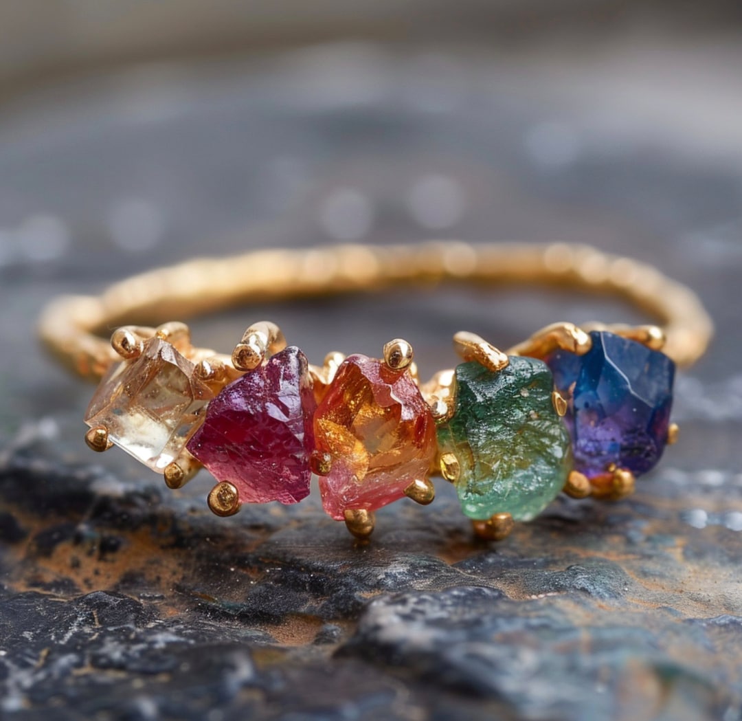 Mother's Ring, Raw Engagement Ring, Multistone Gemstone Ring, Colorful ...