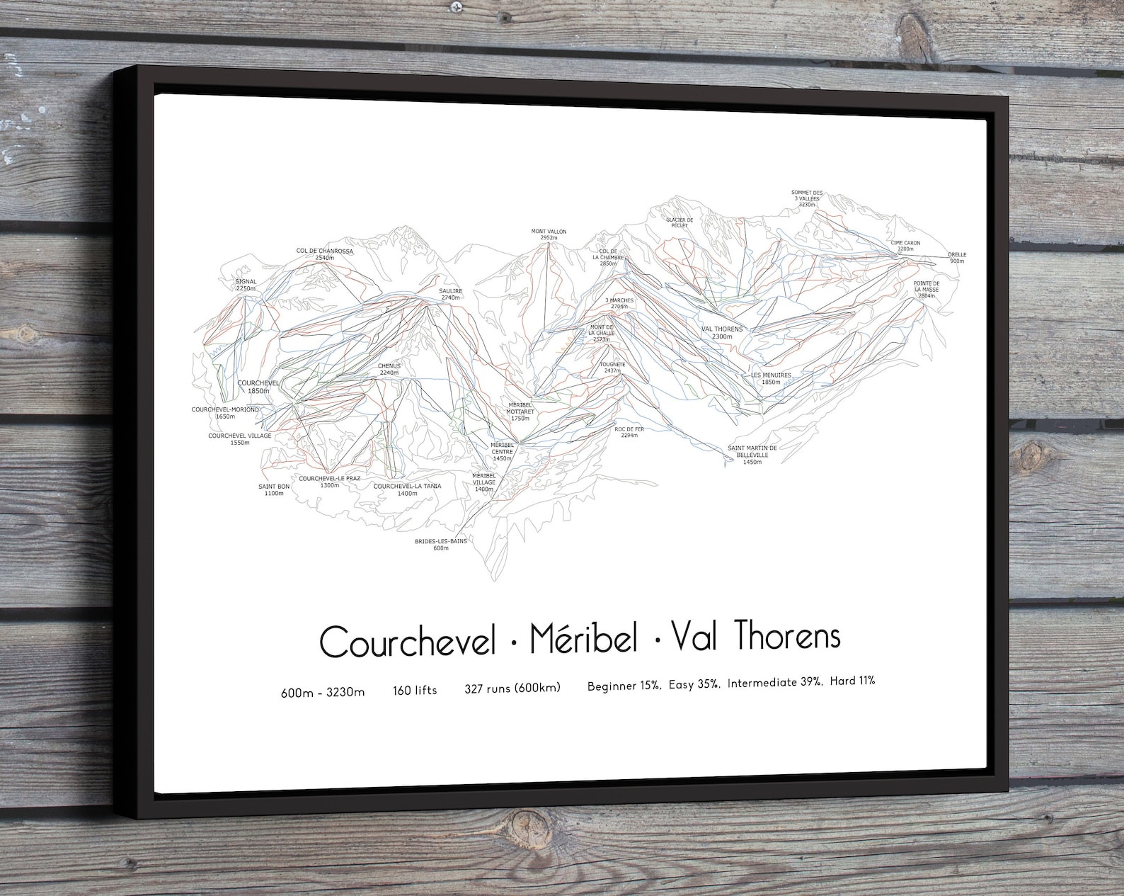 3 Valleys Ski Piste Map Poster/print courchevel, Meribel, Val Thorens ...
