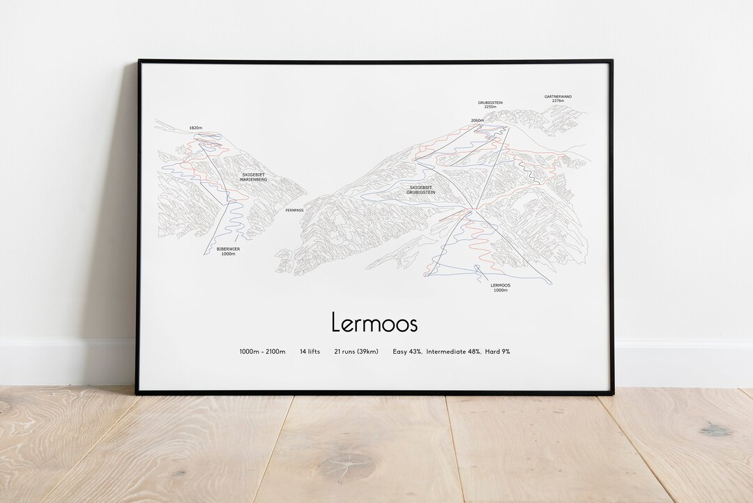 Cartel/impresión del mapa de pistas de esquí de Lermoos Biberwier ...