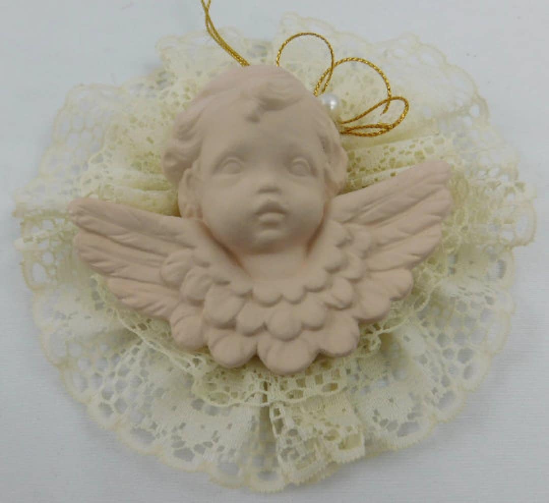 Handmade Vintage Porcelain Guardian Angel Face Ornament Lace Gold ...