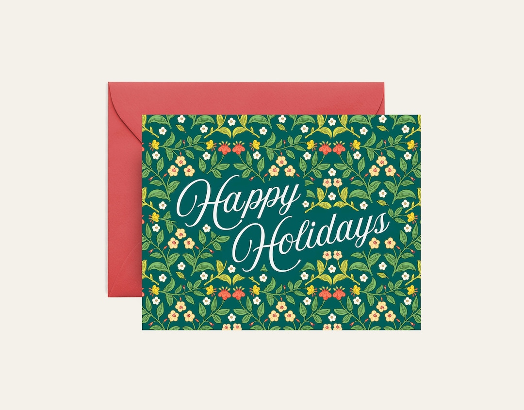 Happy Holidays Card, Holiday Card, Modern Holiday Card, Floral Holiday ...