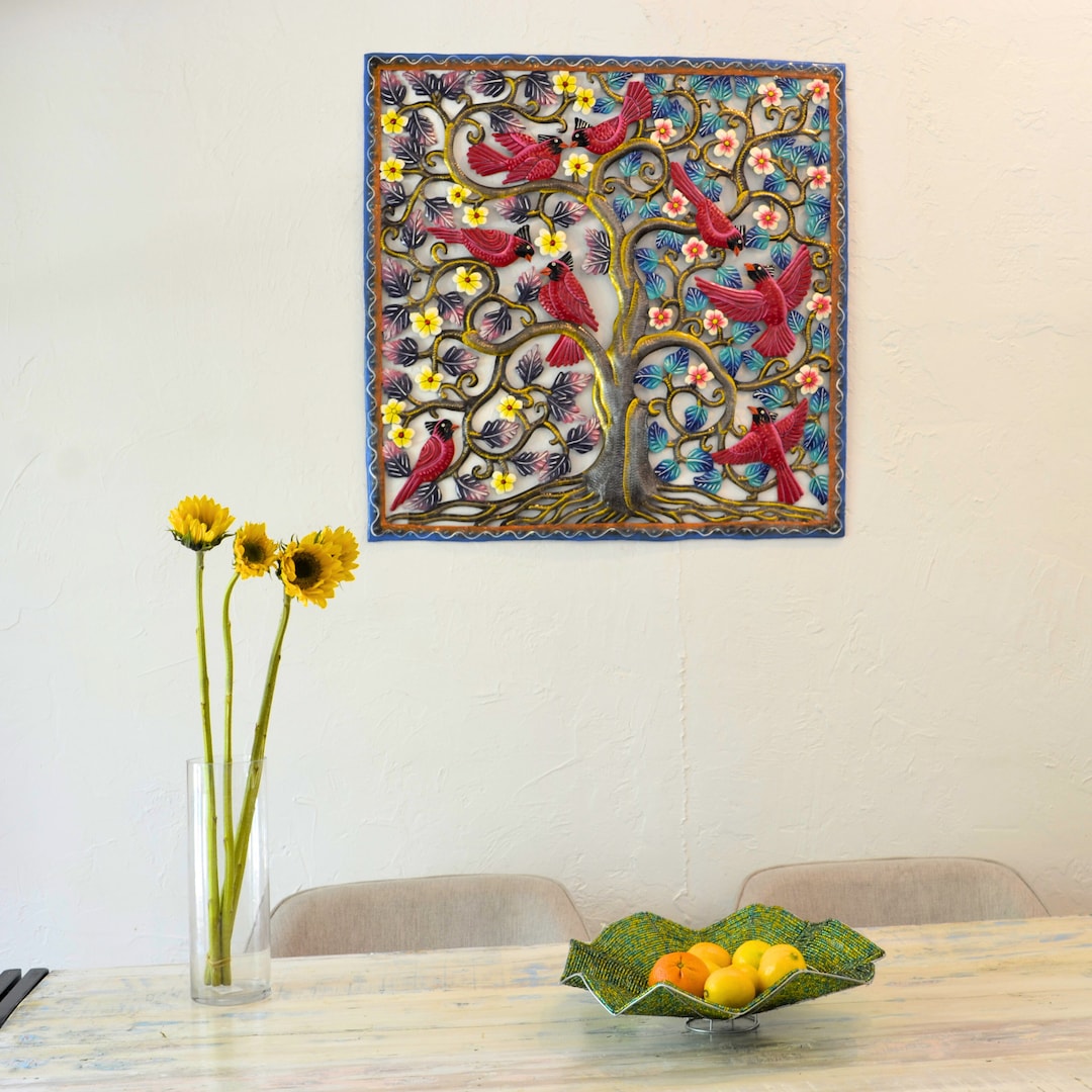 Painted Cardinal Tree of Life Metal Wall Art. Handmade in Haiti ...