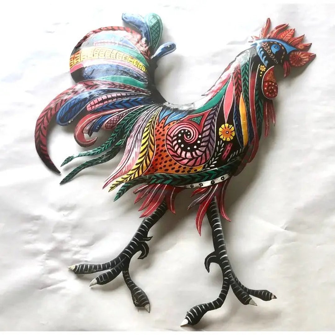 Painted El Pollo Loco Dark Metal Wall Art. Handmade in Haiti. Recycled ...