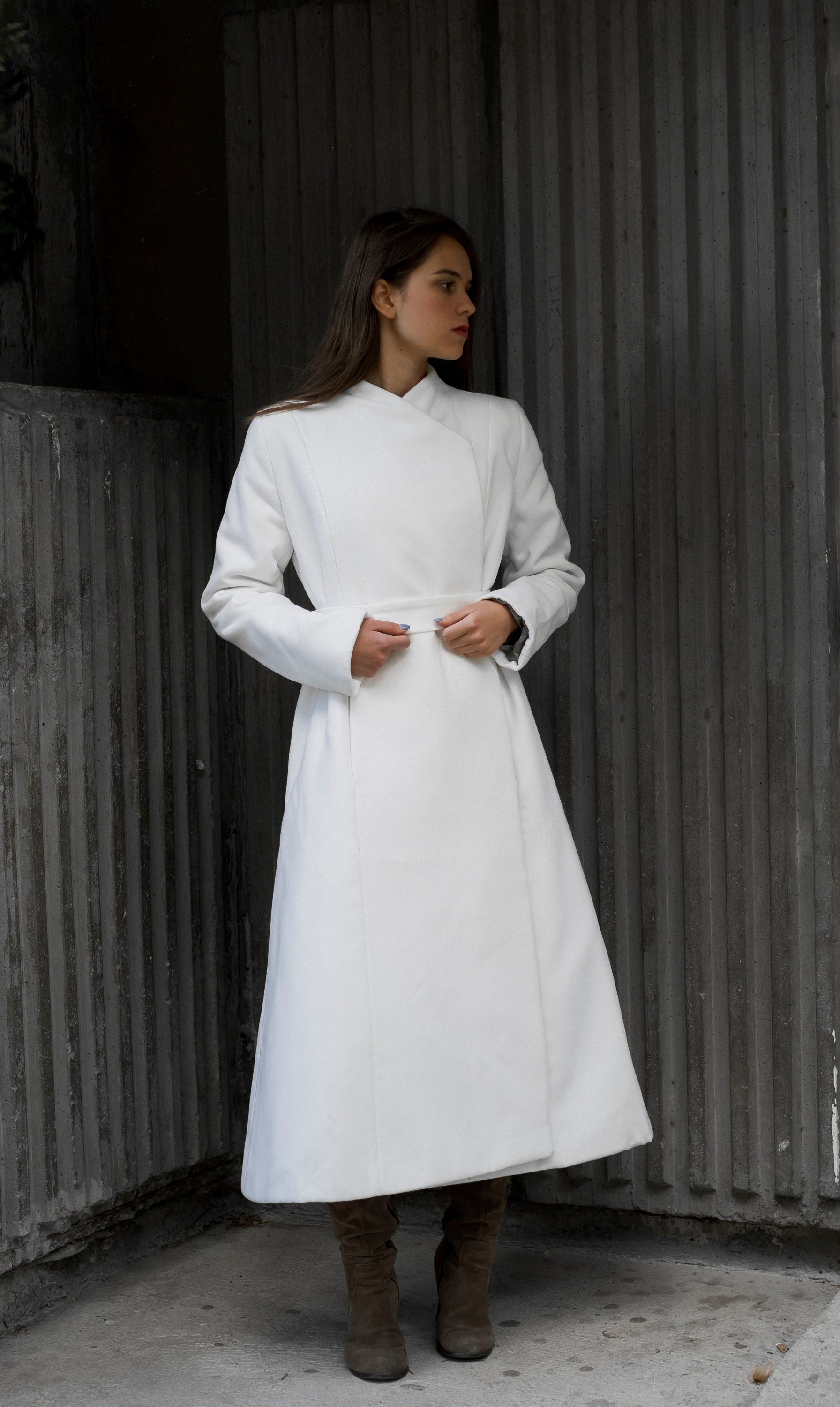 A-line Coat, Midi White Coat, Fit and Flare Coat, Belted Wool Coat ...