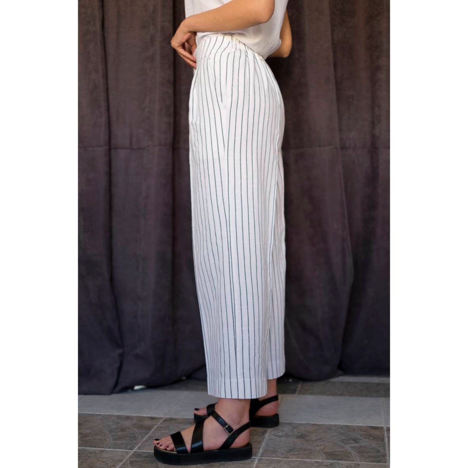 Elastic Waist White & Black Linen Culottes, Stripe Cocoon Trousers ...