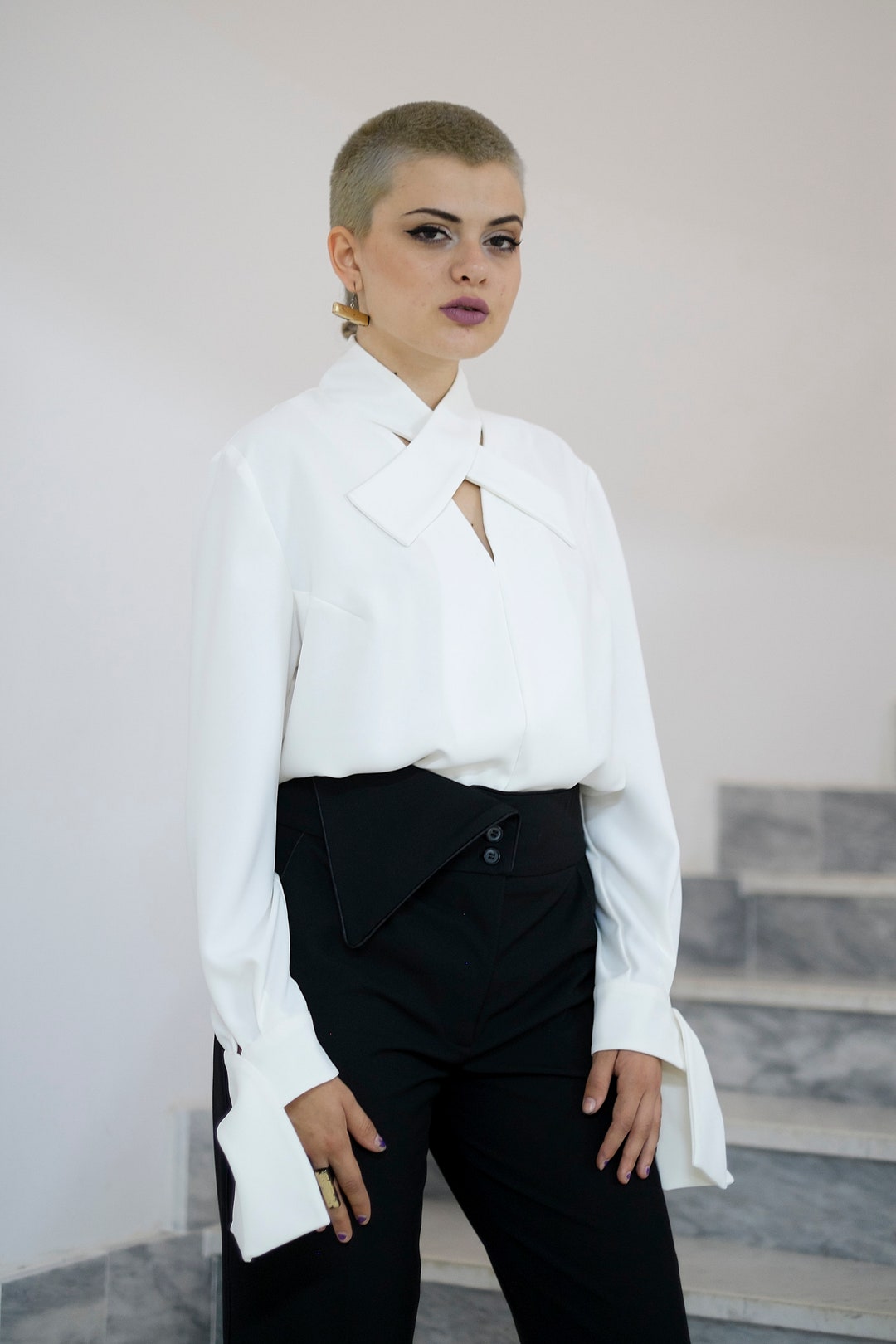 Romantic Bow Collar and Bow Cuffs Shirt Blouse, off White Relaxed ...