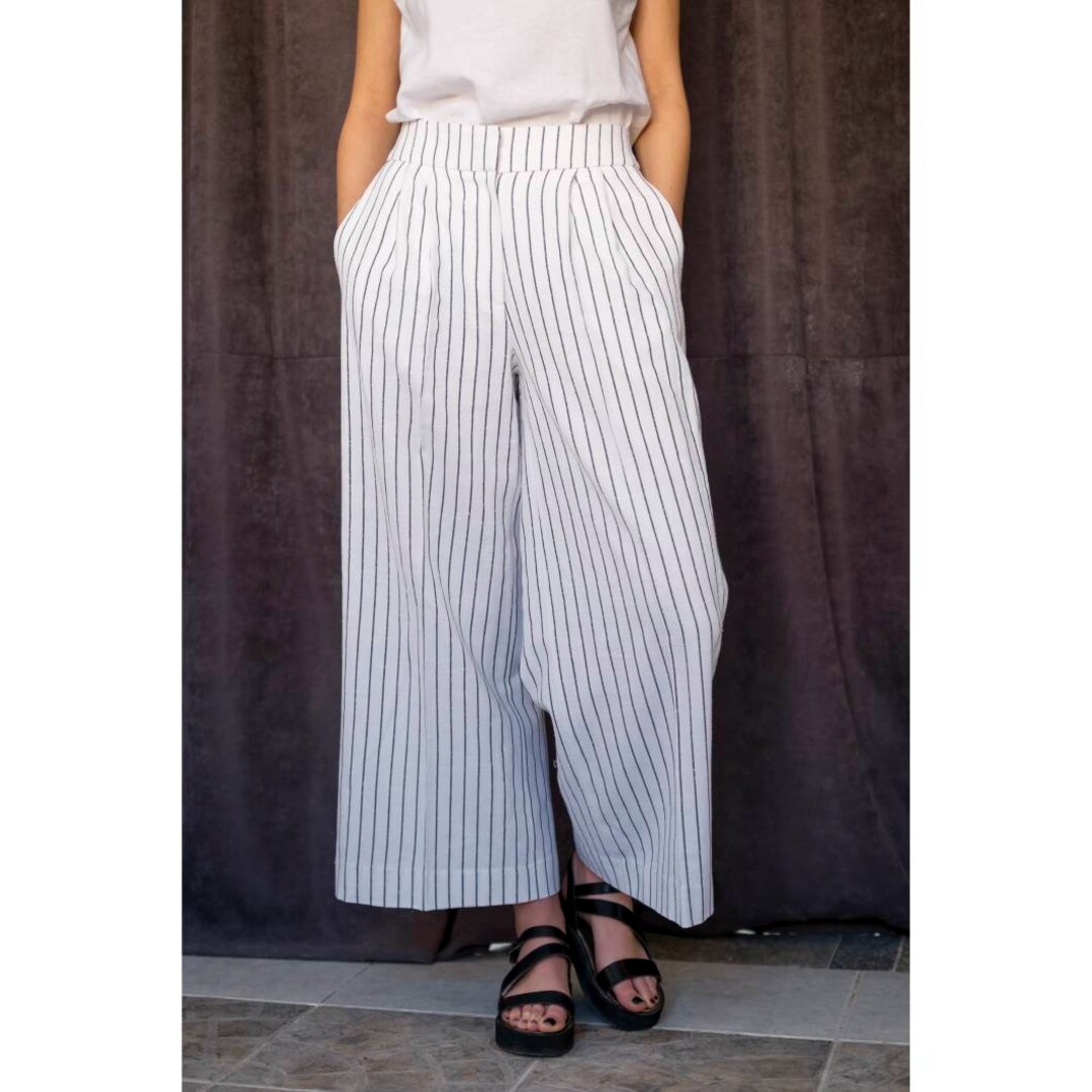 Elastic Waist White & Black Linen Culottes Stripe Cocoon - Etsy