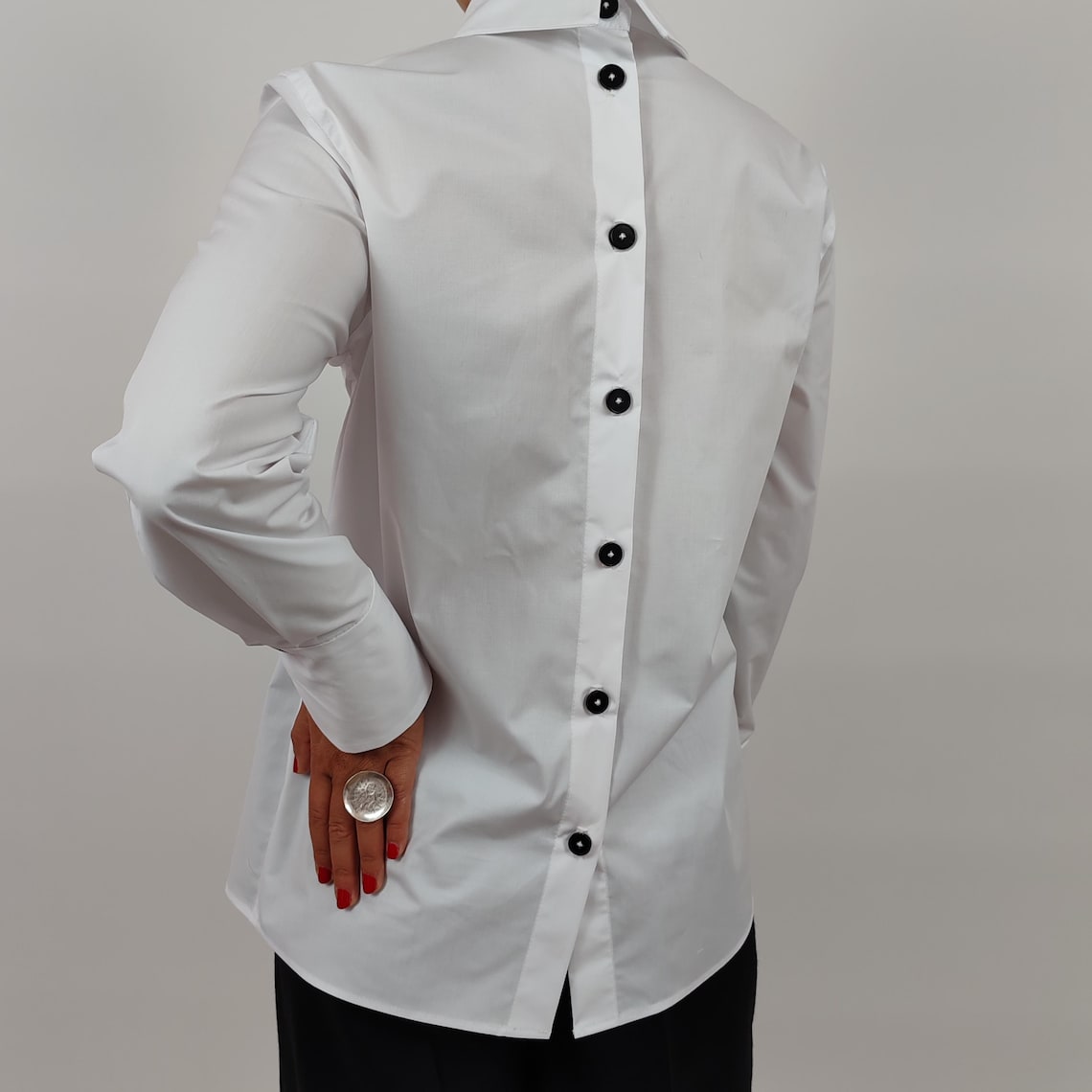 Back Button White Cotton Shirt / Bluse Hinten Geknöpft High Neck Blouse ...
