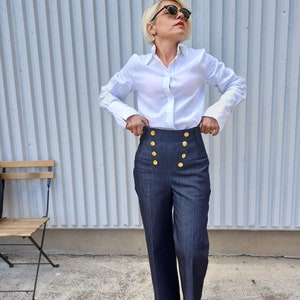 Sailor Pant Jeans With Gold Front Buttons, Indigo Blue Cotton Denim ...