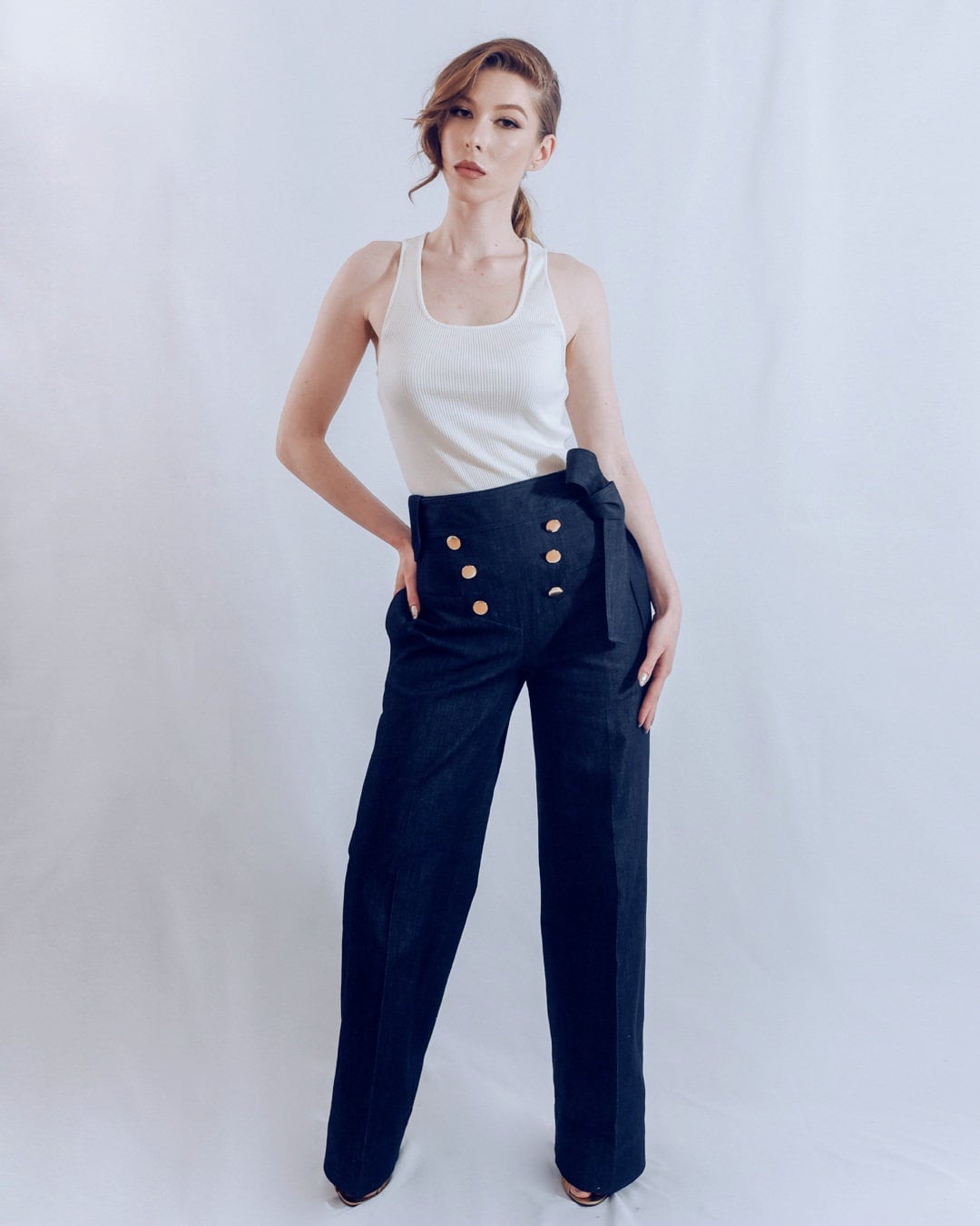 Sailor Pant Jeans With Gold Front Buttons, Indigo Blue Cotton Denim ...
