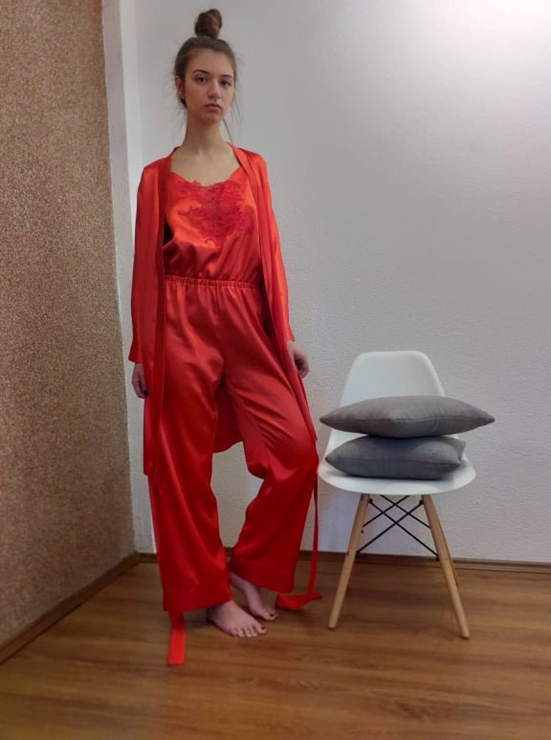 Red Pajama Set for Women, Sexy Pajama Set, Kimono Red Robe, Long Satin ...