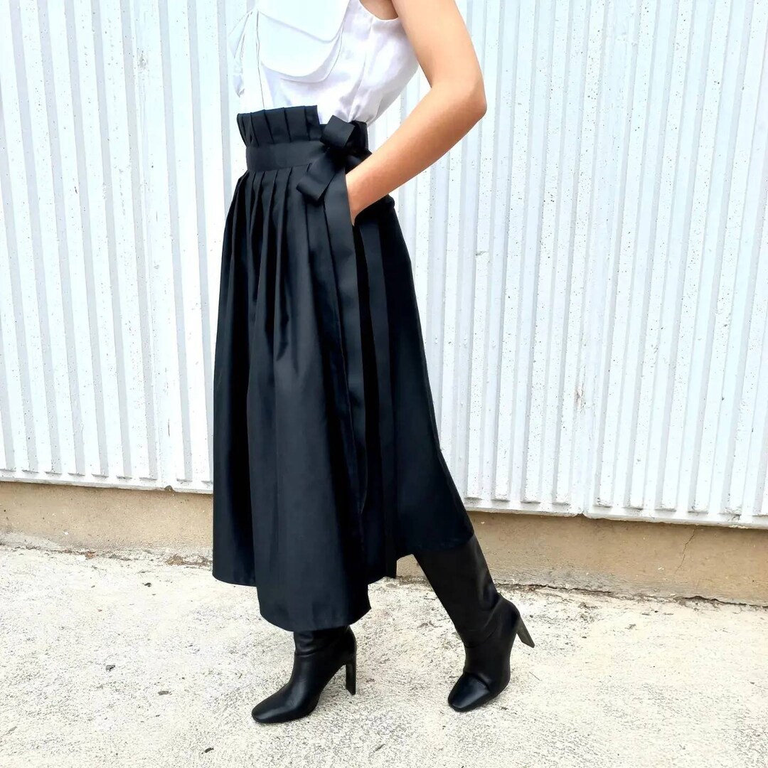 Black Skirt With Pleats, Midi Skirt, A-line Skirt, Skirt With Belt ...
