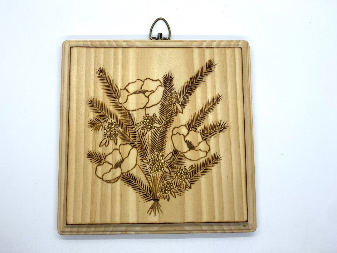 Poppies, Ferns, and Gold Hypericum Berry Bouquet - Pyrography Plaque ...