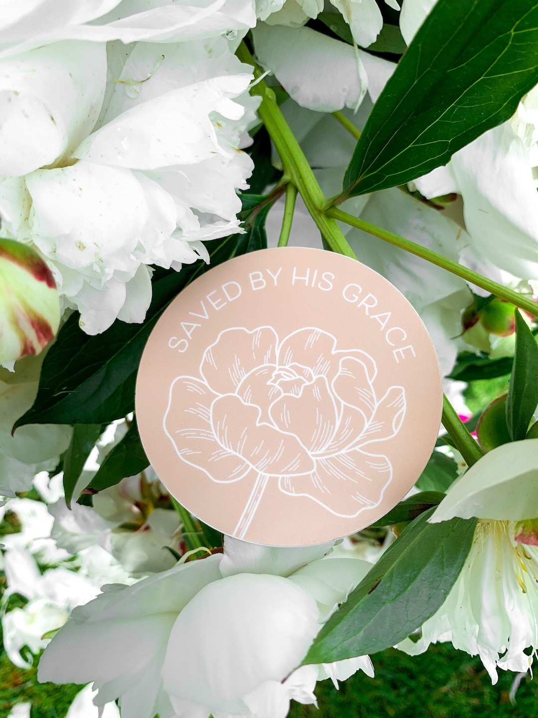 Saved by His Grace Sticker | Peony Bloom Flower Plant Vinyl Sticker ...