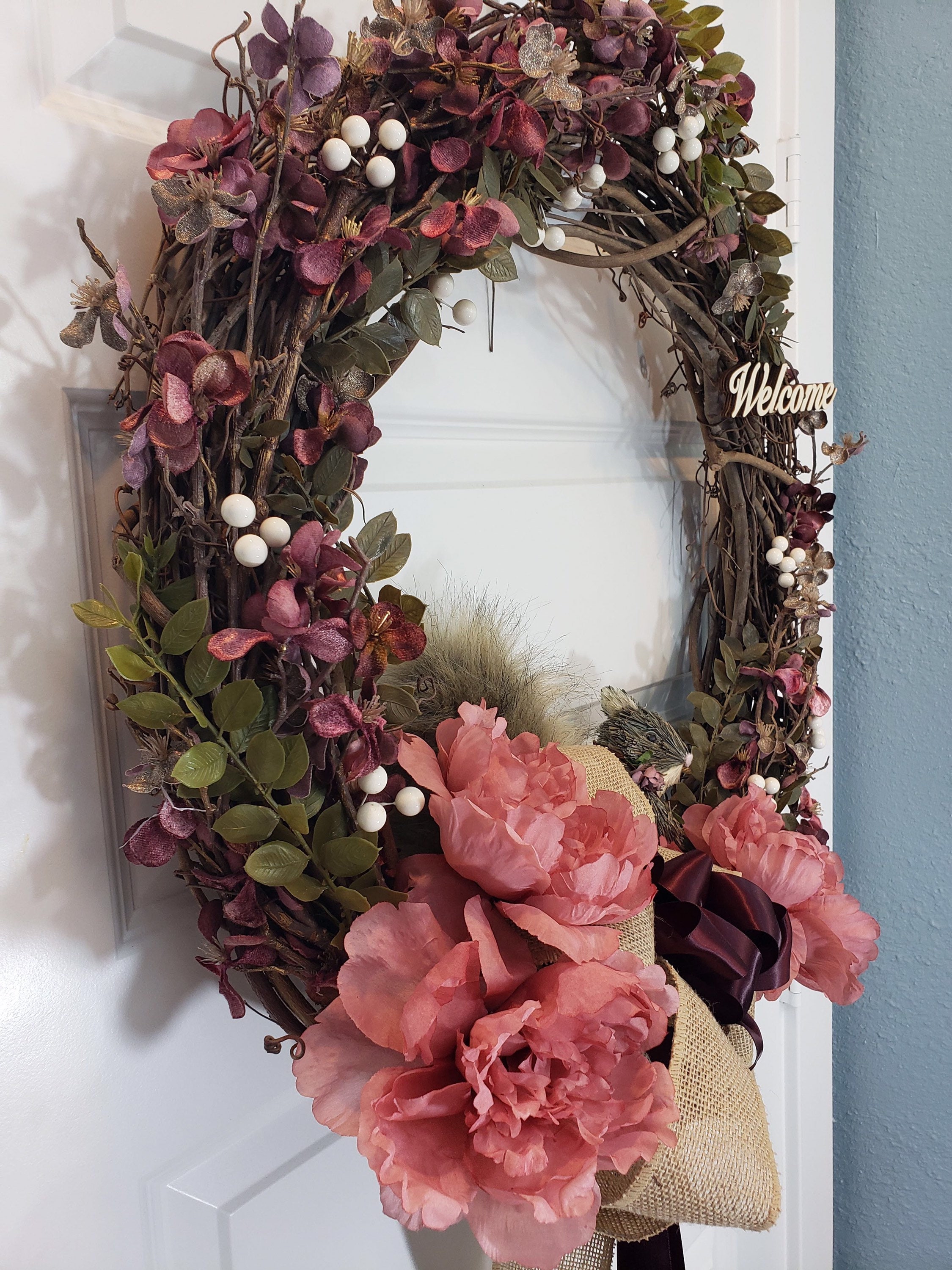 Beautiful Burgundy and Rose Welcome Wreath Featuring a Cute - Etsy