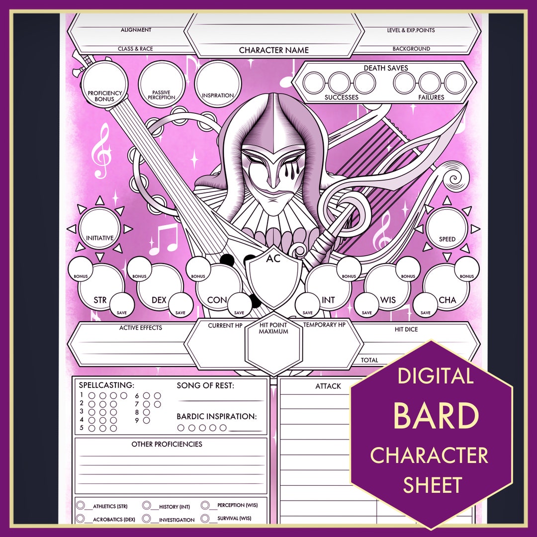 Dnd 5E Sheet Bard Character D&D Sheets Printable PDF for Dungeons and Dragons 5th Edition - Etsy