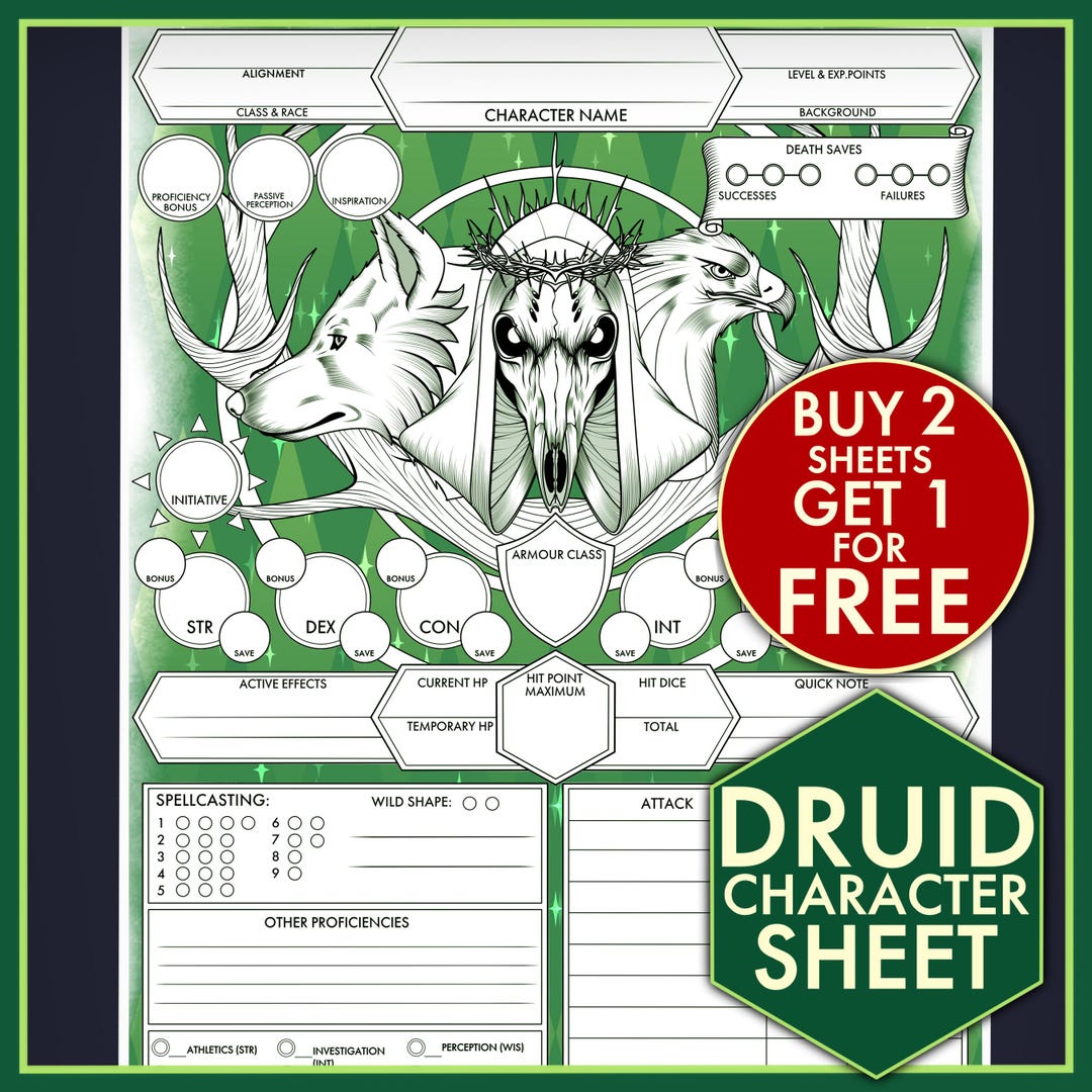 DND 5E Sheet | DRUID Character D&D Sheets - PDF for Dungeons and Dragons 5th Edition - Etsy