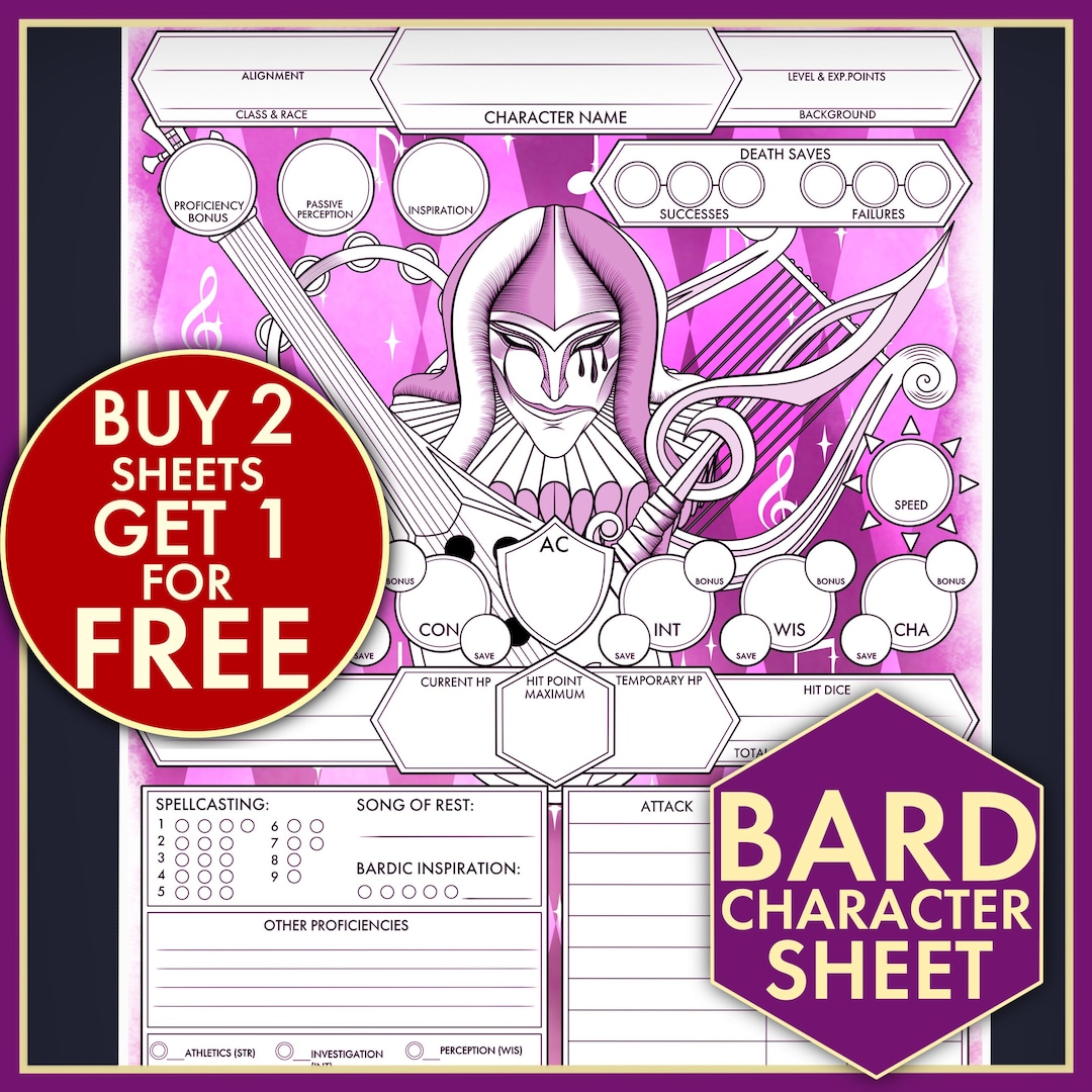 Bard Character Sheet: D&D 5E, Printable Dungeons and Dragons Sheet (PDF ...