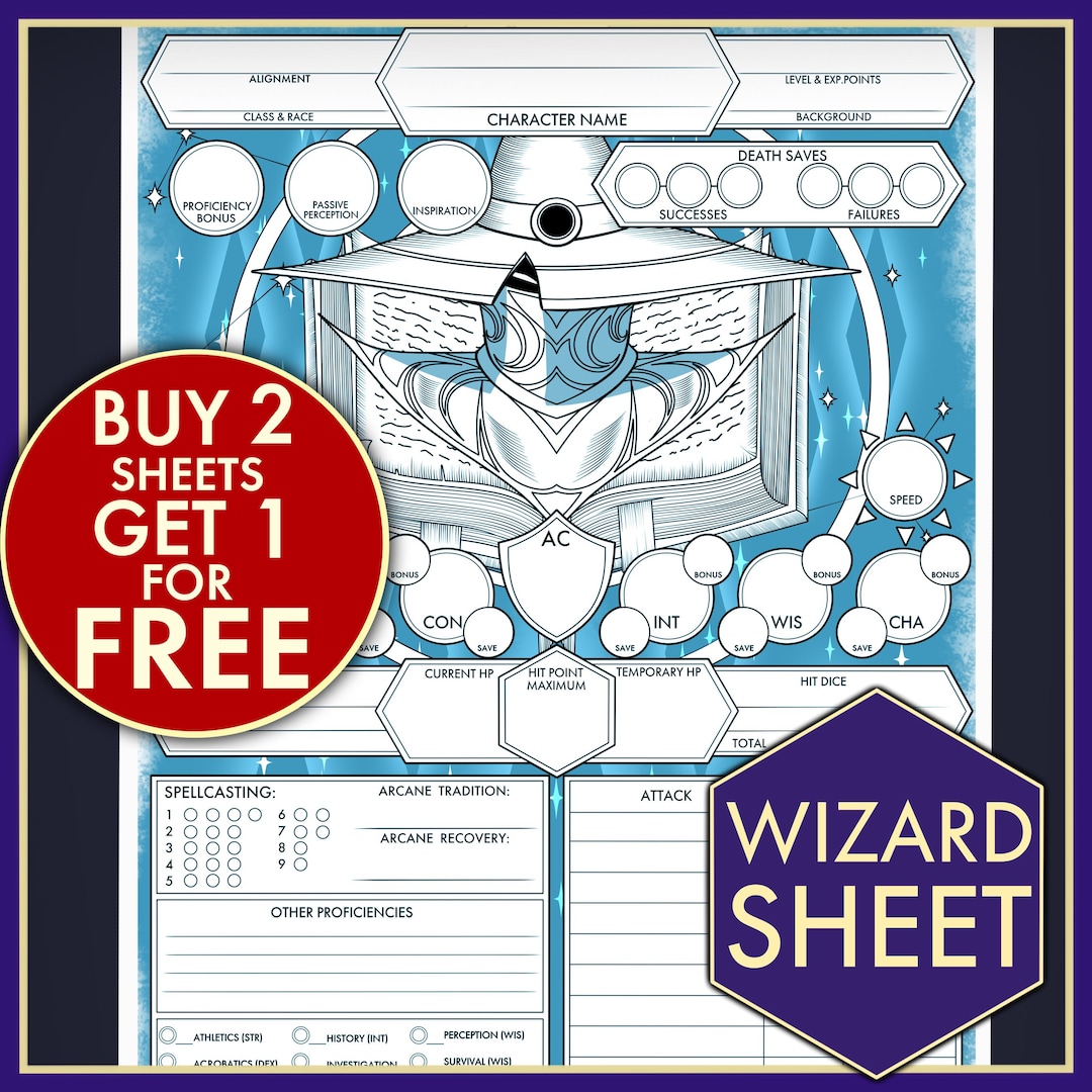 DND 5E Sheet - WIZARD Character D&D Sheets - PDF for Dungeons and Dragons 5th Edition - Etsy
