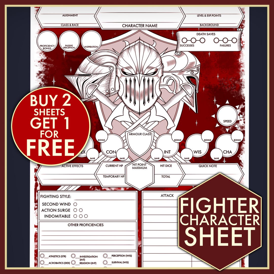 Fighter D&D 5E Character Sheet: Printable RPG Sheet (PDF) - Etsy