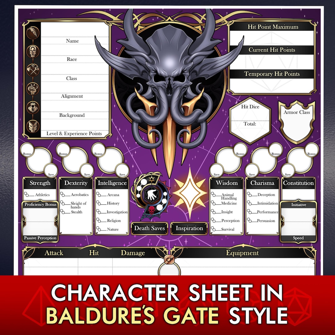 Baldur's Gate 3 Style Dnd Character Sheet, Black White Red Blue Violet Green Printable Sheet ...
