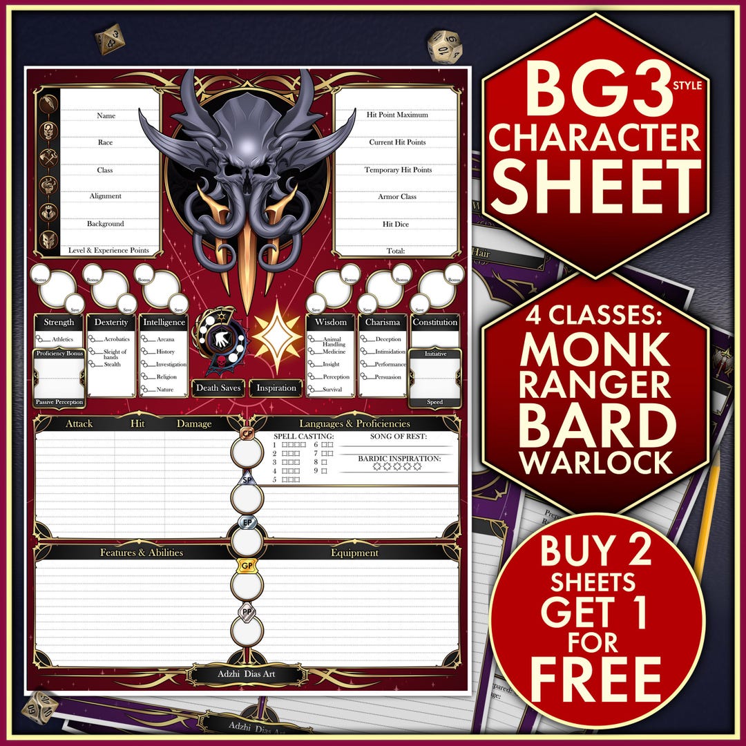 Dnd 5E Character Sheet: BG3 Style, Monk, Bard, Ranger, Warlock (PDF) - Etsy
