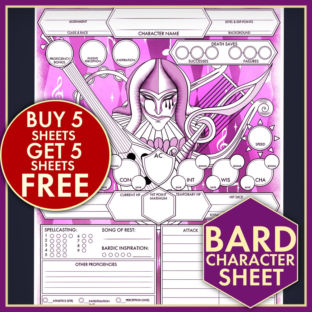 Dnd 5E Sheet Bard Character D&D Sheets Printable PDF for Dungeons and ...