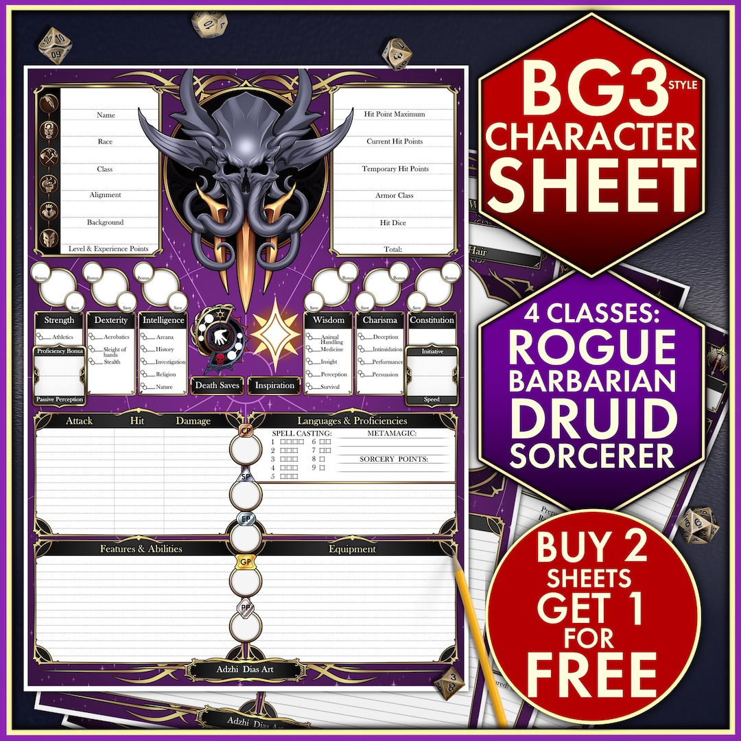 BG3 Dnd 5e Character Sheet: Printable Rogue, Druid, Sorcerer, Barbarian ...