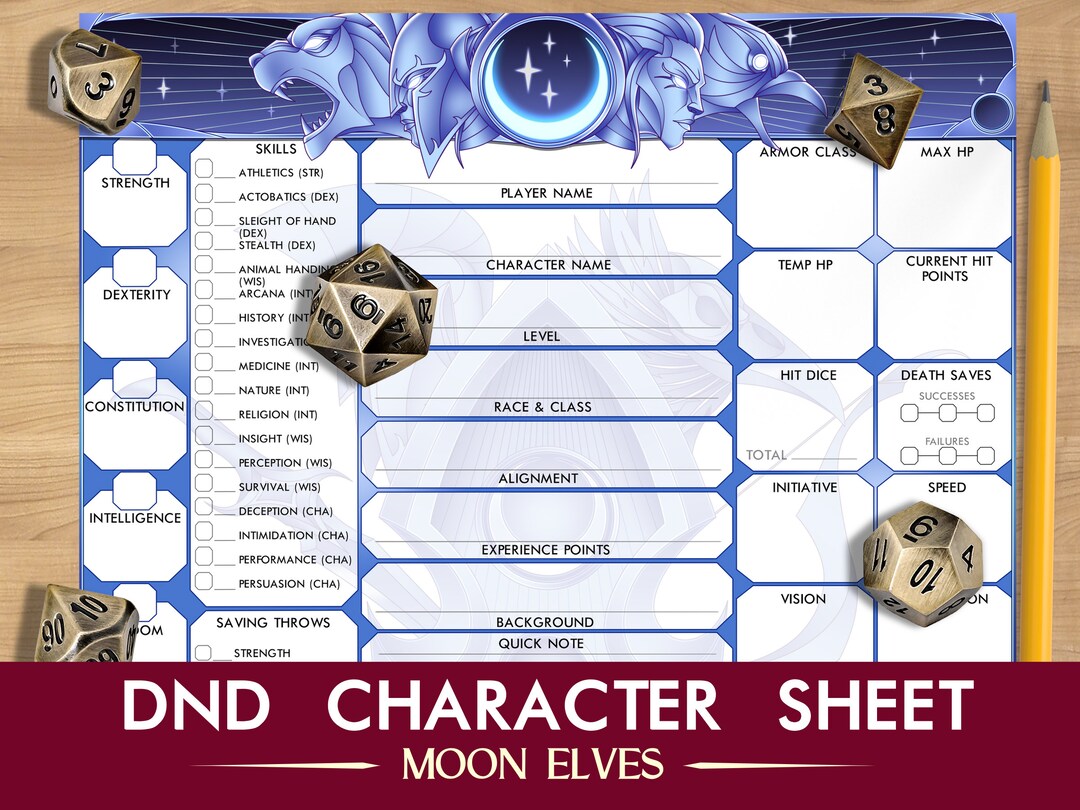 DND 5e Downloadable Character Sheet PDF moon - Etsy