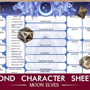 DND 5e Downloadable Character Sheet PDF moon Elf Dungeon and Dragons Player Custom Sheet - Etsy