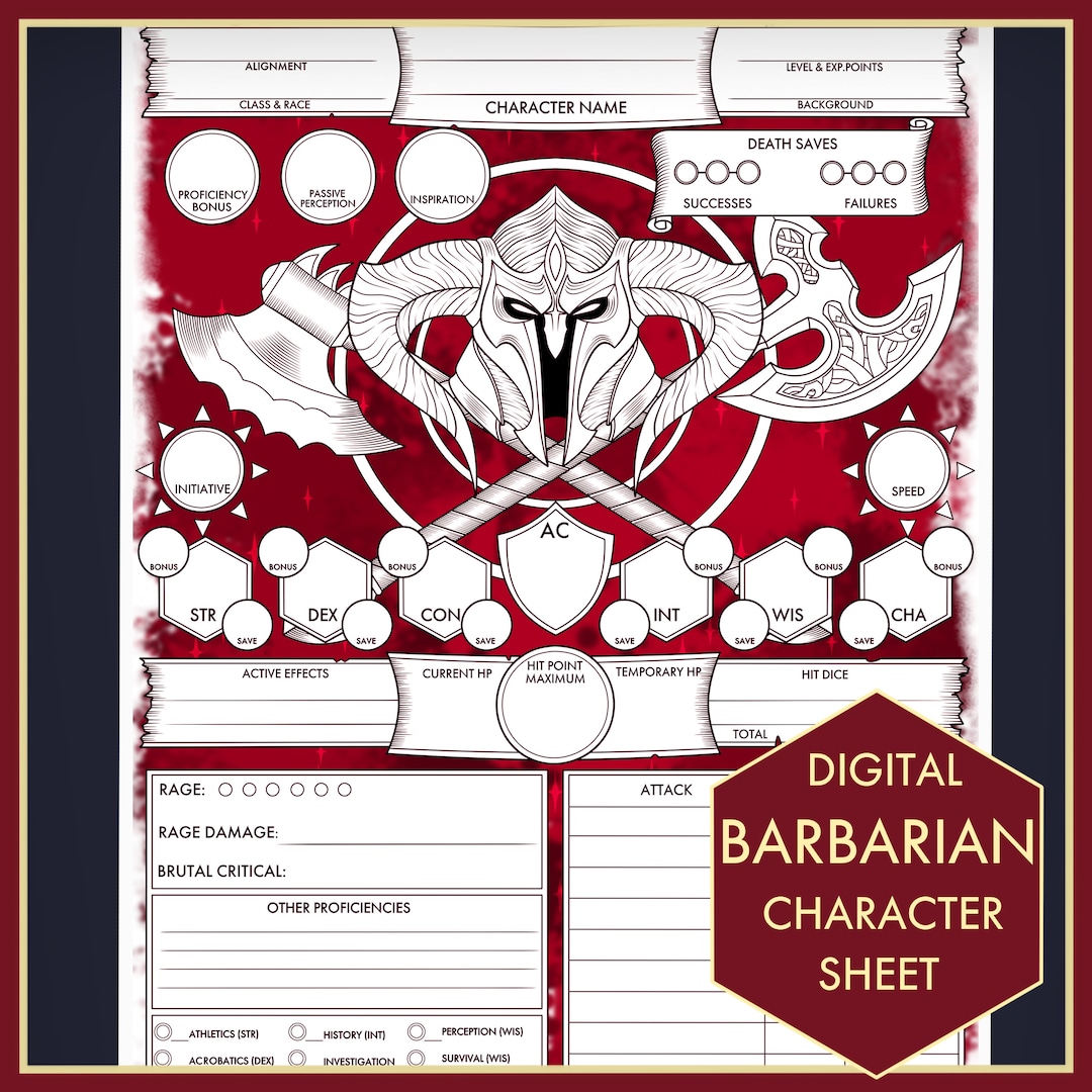 DND 5E Sheet Barbarian Character D&D Sheets PDF for Dungeons and ...