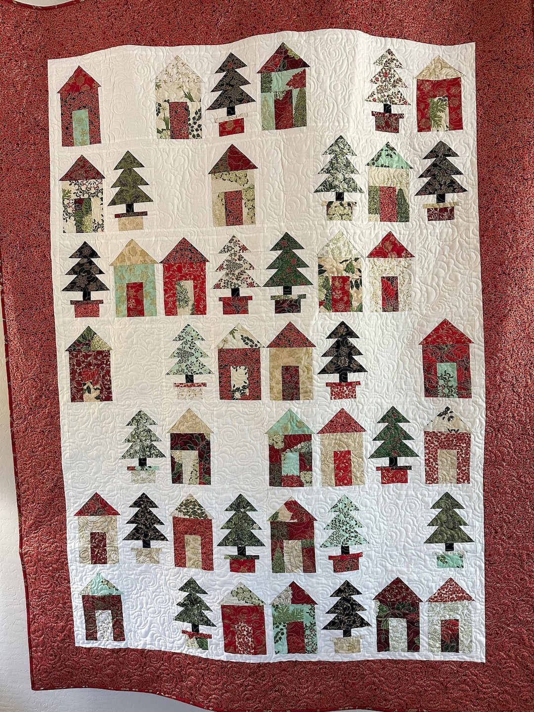 Handmade Christmas Quilt With Houses & Trees - Etsy