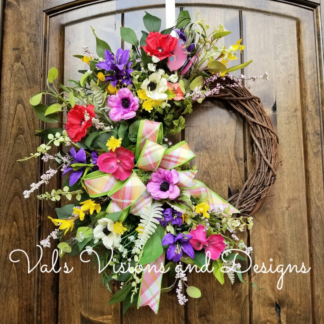 Spring Mixed Floral Grapevine Wreath for Front Door, Bright Colored ...