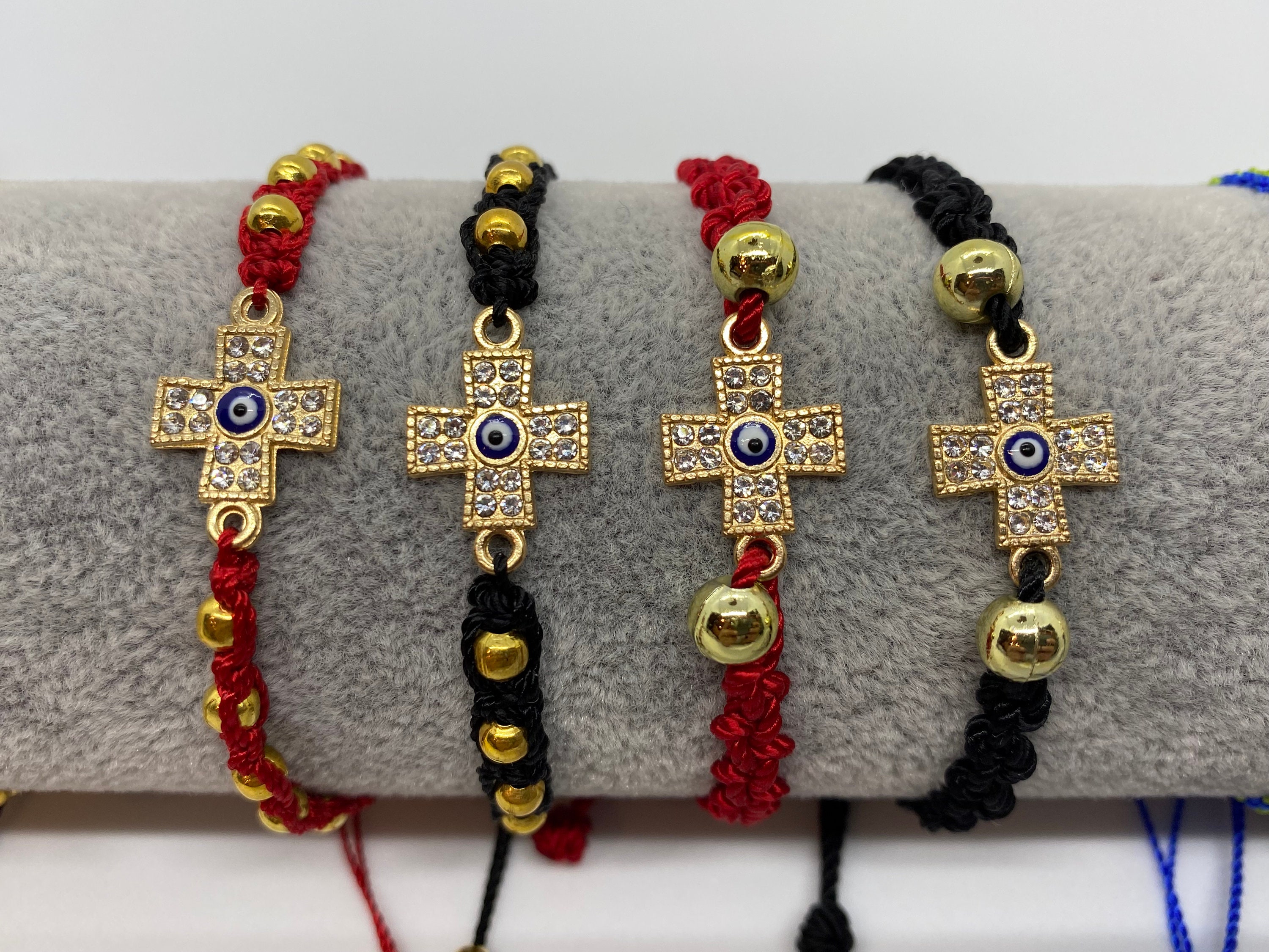 Gold Rhinestone Cross / Evil Eye Cross Bracelets Nylon Woven - Etsy