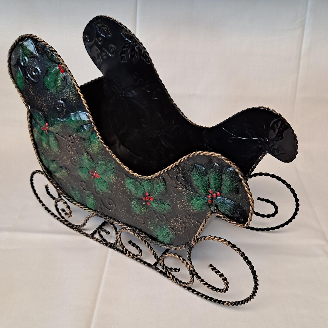 Large Christmas 12" TABLETOP SANTA SLEIGH Green Metal Sled Table Decor ...