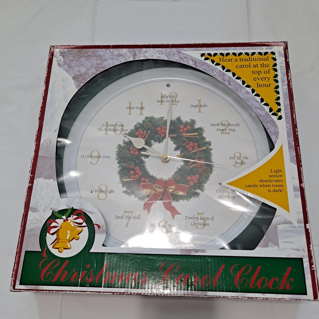 Vintage FELDSTEIN Christmas MUSICAL Wall CLOCK Wreath Carols Every Hour ...