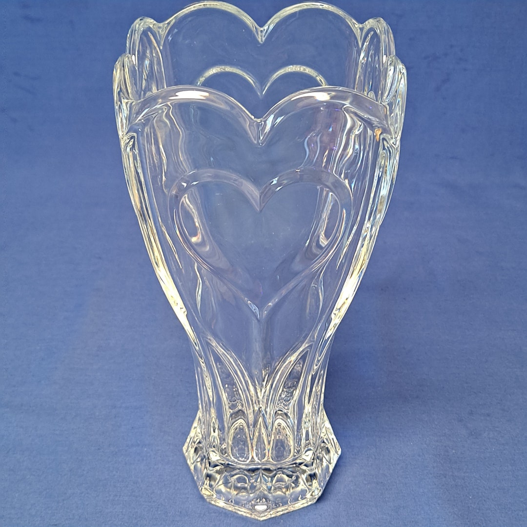 Vintage DEPLOMB 24% Lead CRYSTAL VASE Heart Flower Clear Glass Embossed ...
