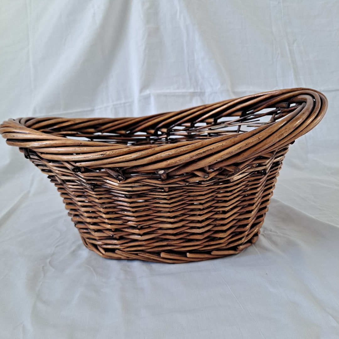 Vintage Wicker SMALL LAUNDRY BASKET Handled Oval Clothes Storage Flower ...