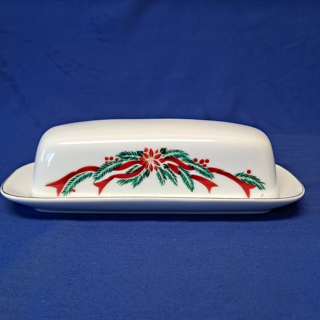 Vintage Fairfield POINSETTIA & RIBBONS BUTTER Dish Plate 1/4 Lb Covered ...