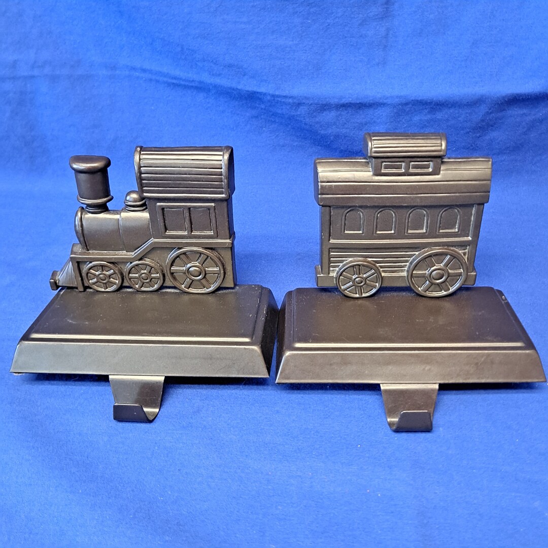 Lot 2 Metal TRAINS Christmas STOCKING HOLDERS Hanger Hook Mantel Sitter ...