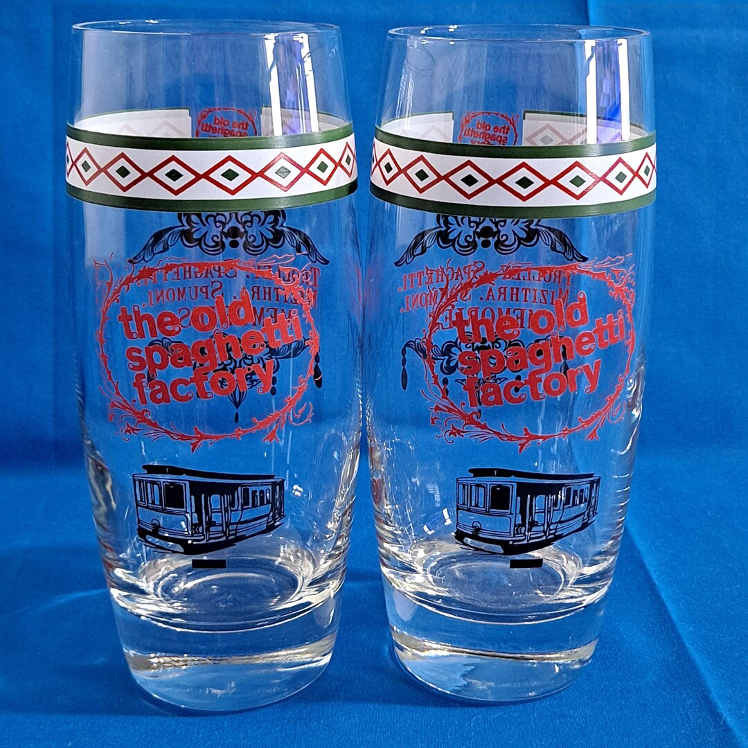 Lot 2 the OLD Spaghetti Factory 6 3/8" Drink GLASS Trolly Mizithra ...